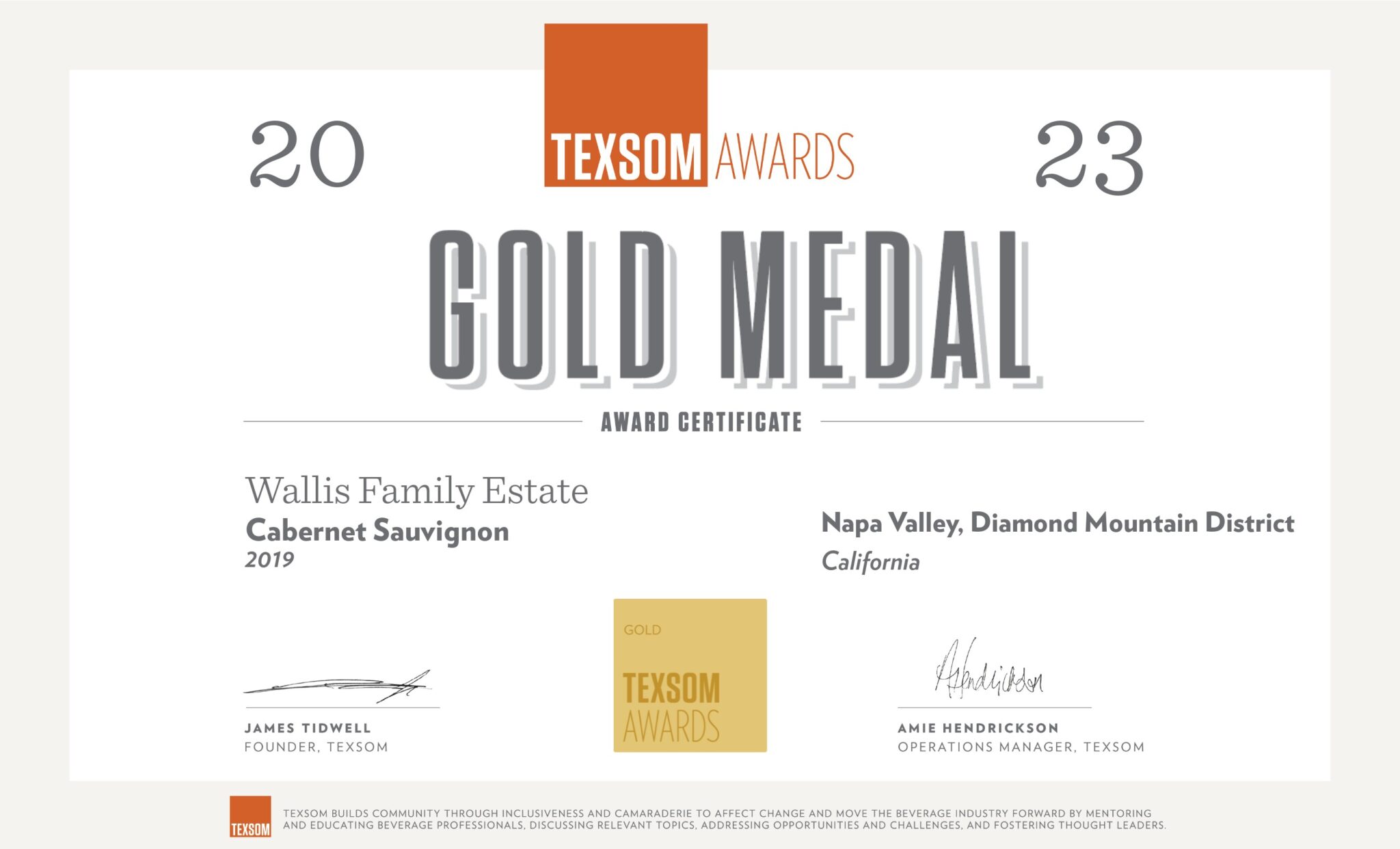 2019 Diamond Mountain Cabernet Awarded Gold - Wallis Estate